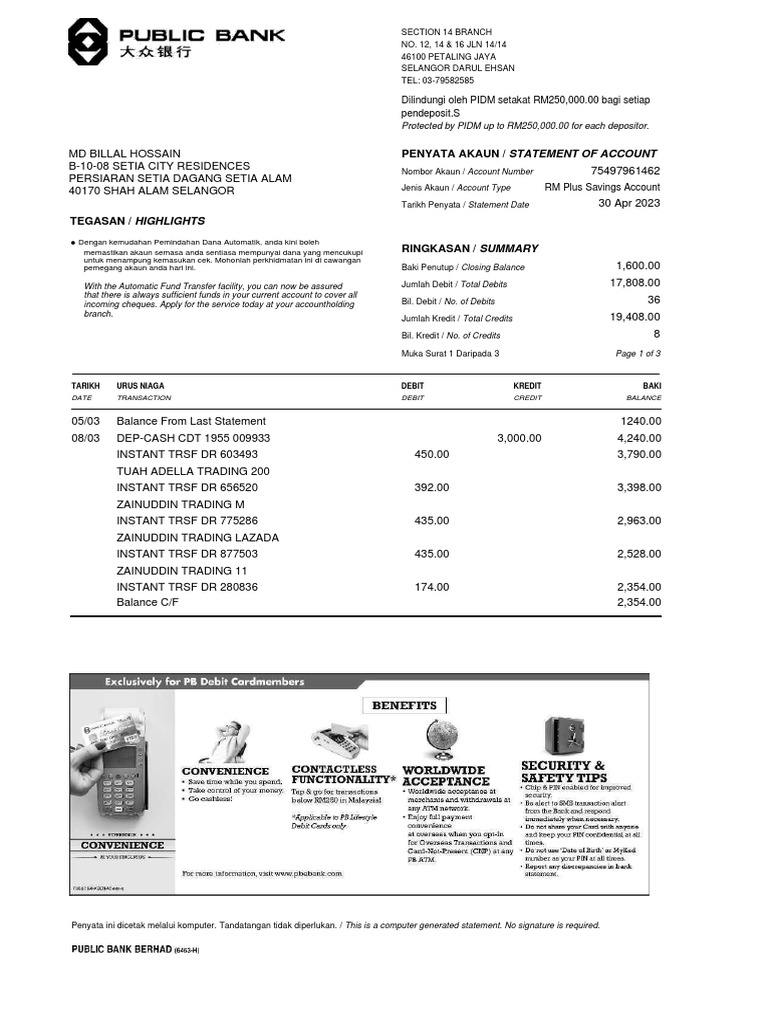 Penyata Akaun / Statement of Account: Dilindungi Oleh PIDM Setakat RM250,000.00 Bagi Setiap ...