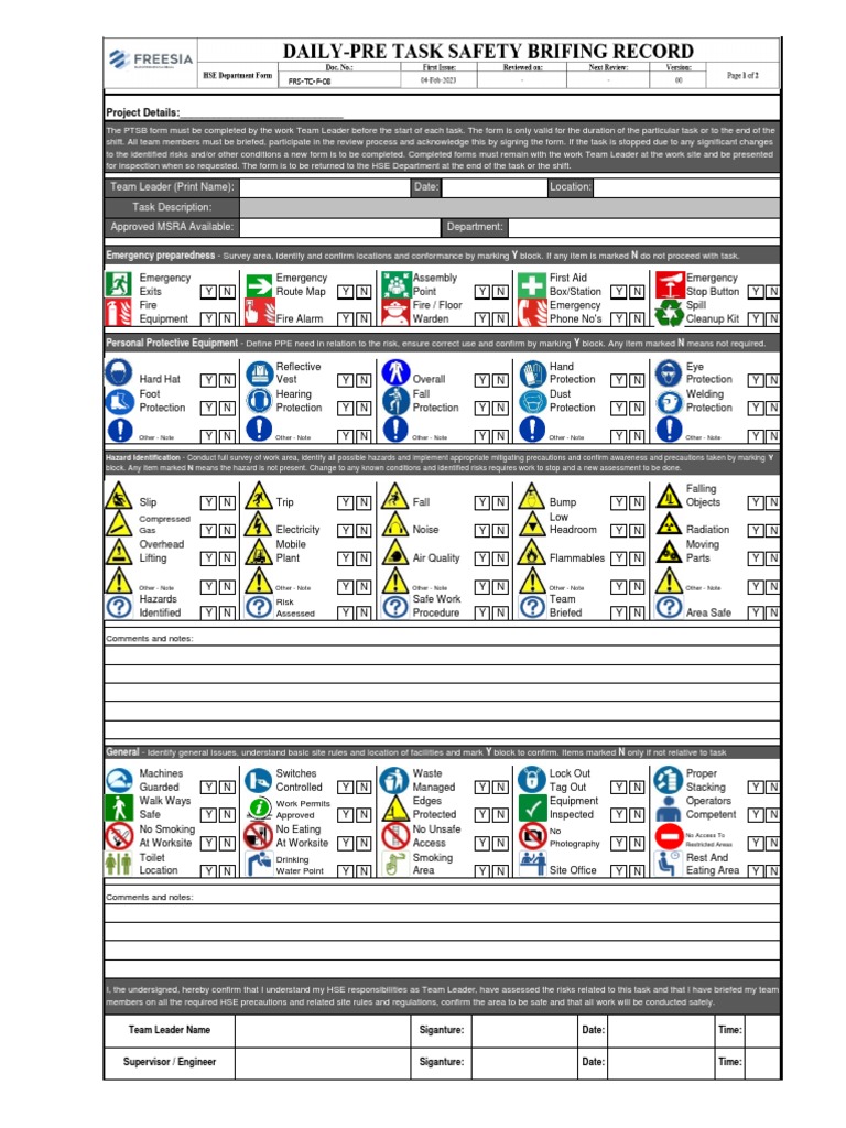Frs-Tc-F-03-Pre-Task Safety Briefing Record | PDF | Personal Protective ...
