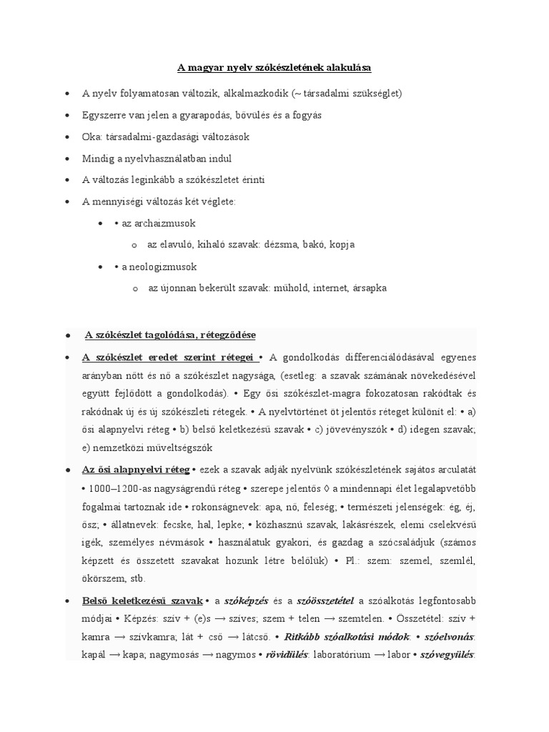 A Magyar Nyelv Szókészletének Alakulása | PDF