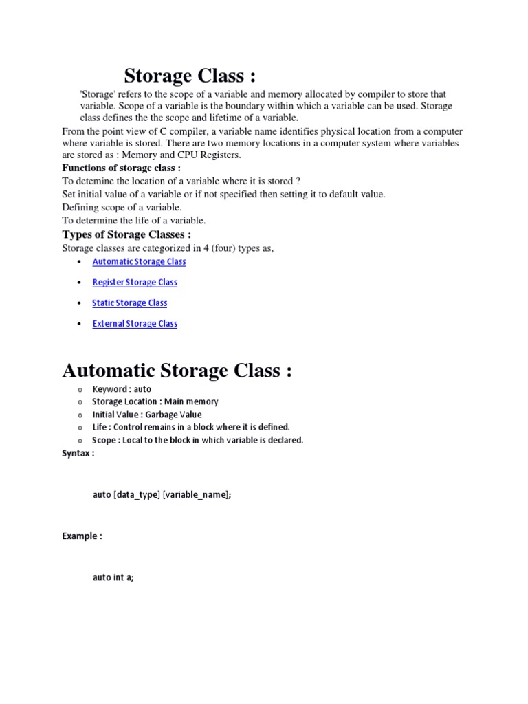Storage Class:: Types of Storage Classes | PDF | Variable (Computer Science) | Scope (Computer ...