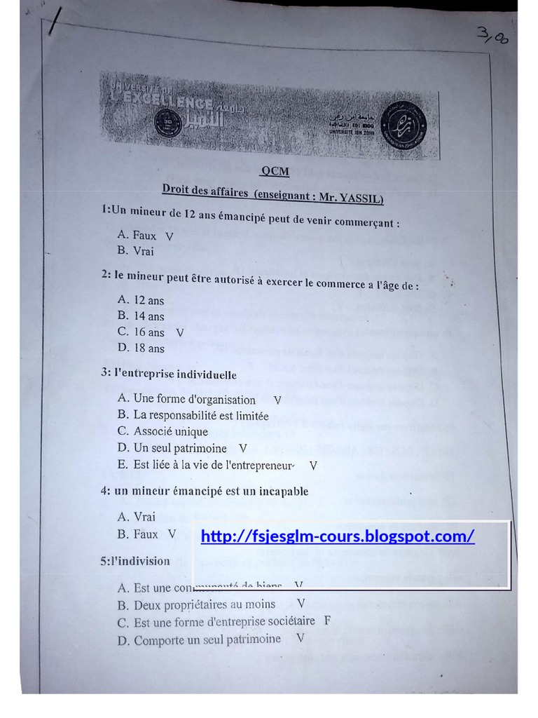 QCM Droit Des Affaires Corrigé | PDF