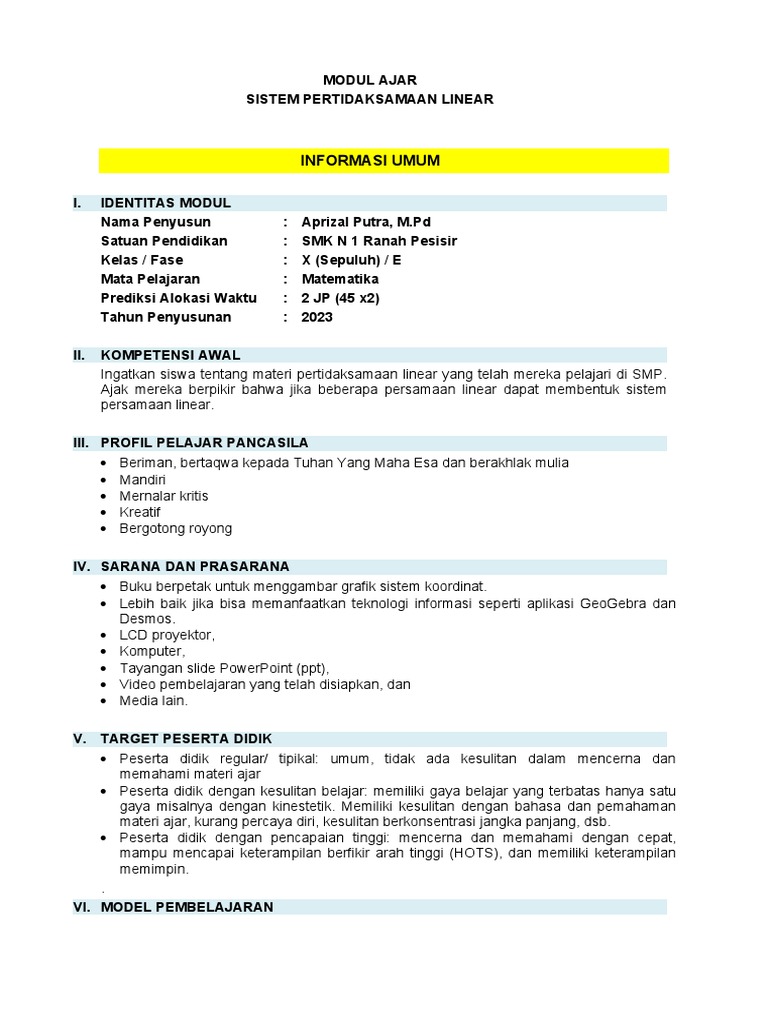 Modul Ajar Pertidaksamaan Linear SMK | PDF | Metode & Bahan Ajar