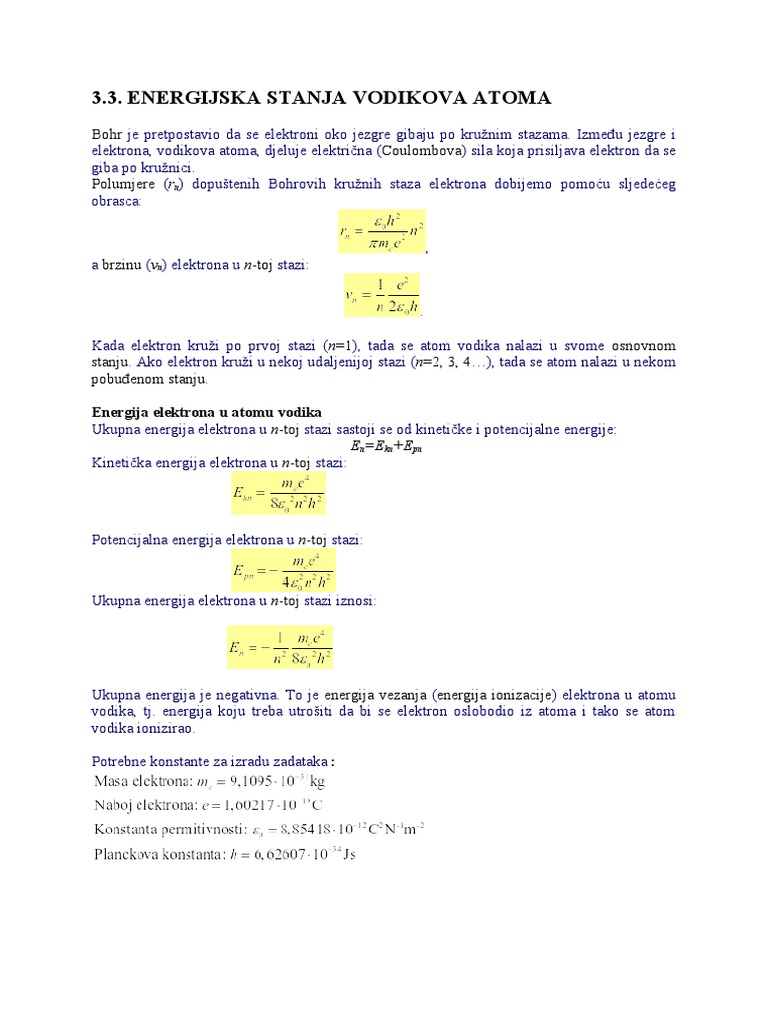 Energijska Stanja Vodikova Atoma | PDF