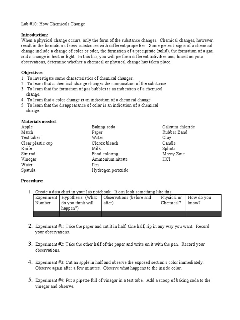 Lab #10 Physical and Chemical Changes | PDF | Bleach | Experiment