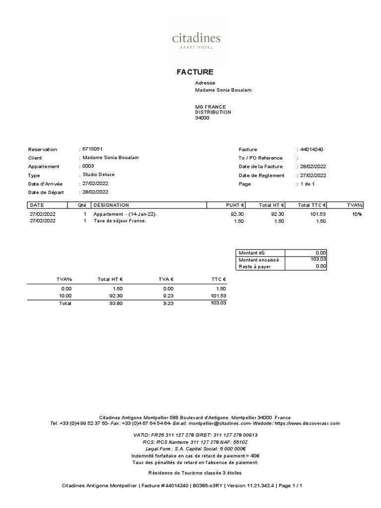 Facture Hotel | PDF | Taxe sur la valeur ajoutée | Chiffre d'affaires