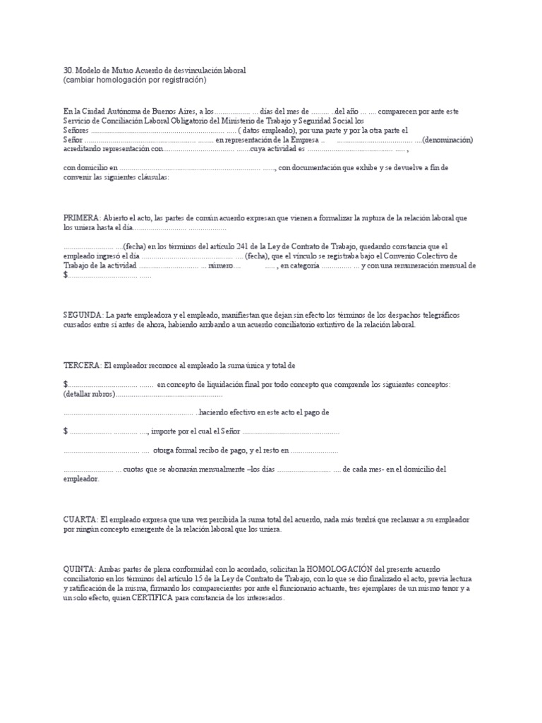 Modelo de Mutuo Acuerdo de Desvinculación Laboral | PDF