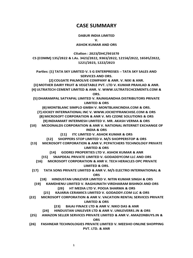 CASE SUMMARY (DABUR INDIA LIMITED Vs Ashok Kumar) | PDF | Trademark | Domain Name