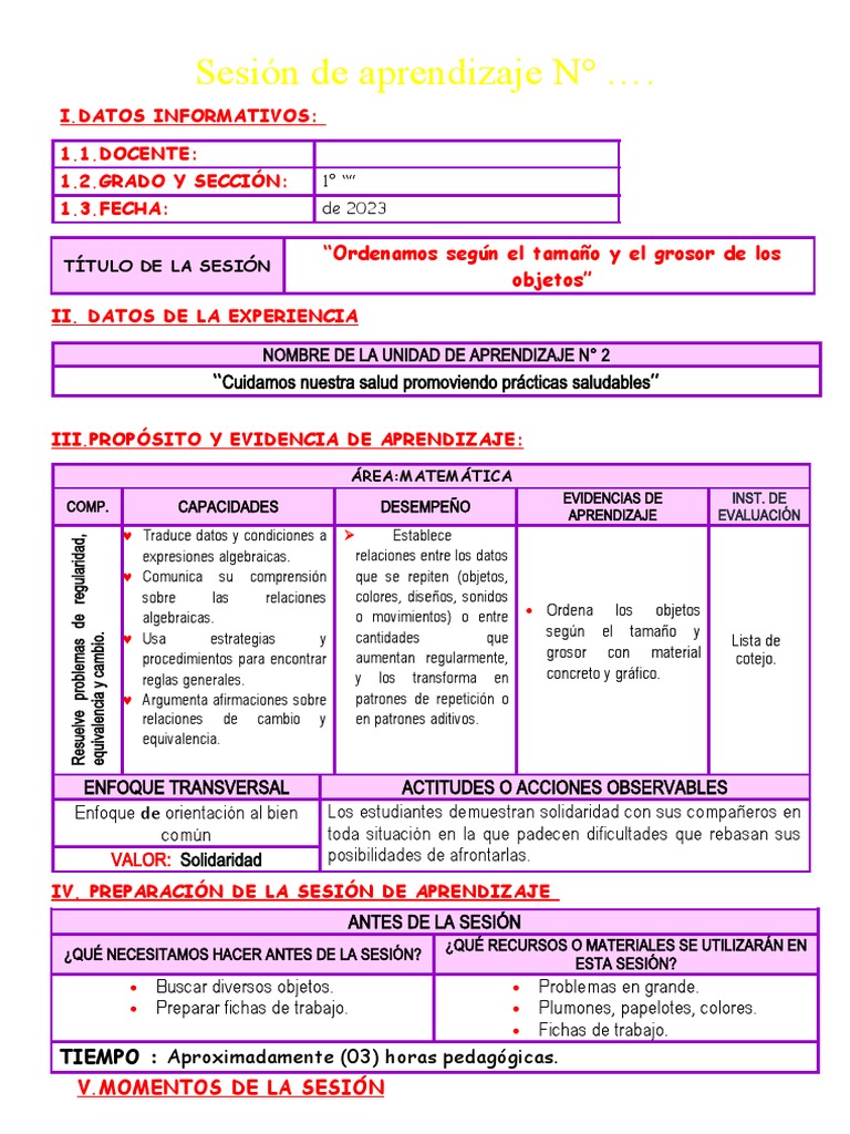 Sesión Ordenamos Según El Tamaño y Grosor | PDF | Aprendizaje | Evaluación