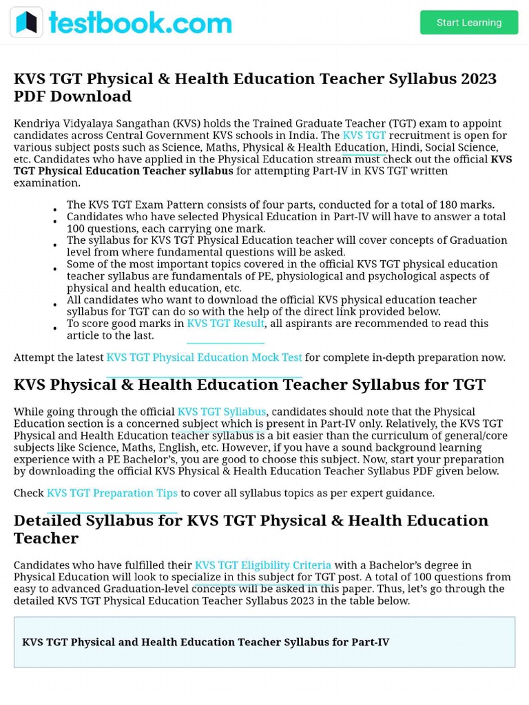 KVS TGT Physical & Health Education Teacher Syllabus 2023 PDF Download ...
