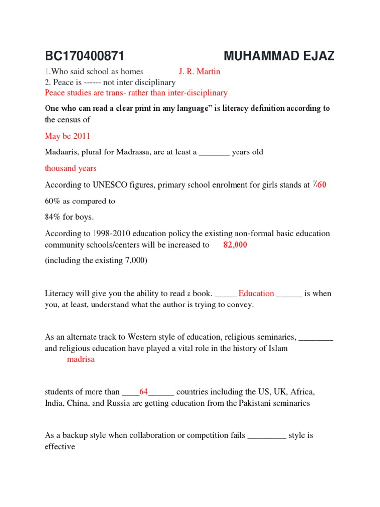 Edu-401 Midterm Mcqs | PDF | Schools | Literacy