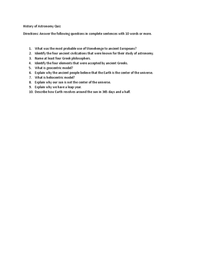 Astronomy History Quiz Questions and Answers | PDF | Social Science