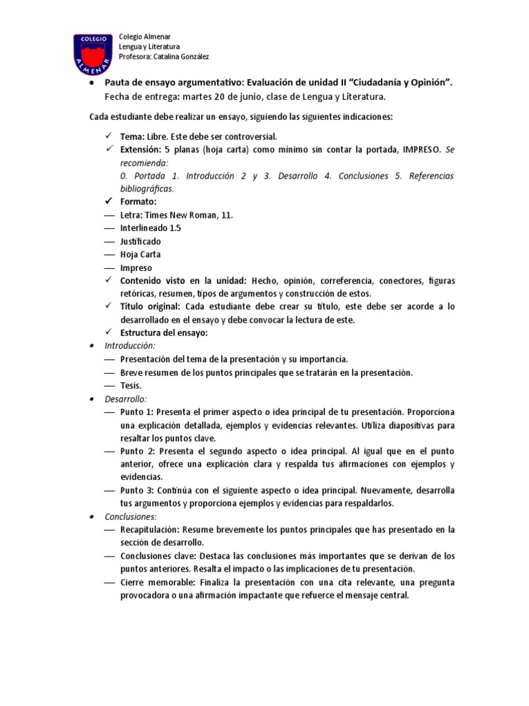 Pauta de ensayo argumentativo | PDF