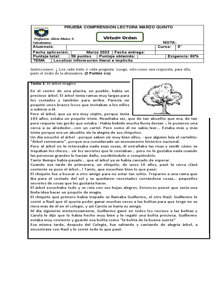 Prueba Marzo 5° 2023 | PDF