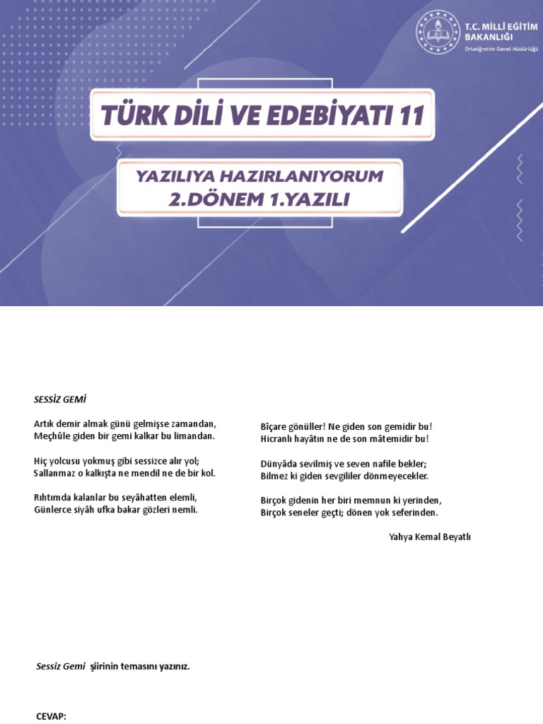 11.sinif Turk Dili Ve Edebiyati 2.donem 1.yazili Sorulari | PDF