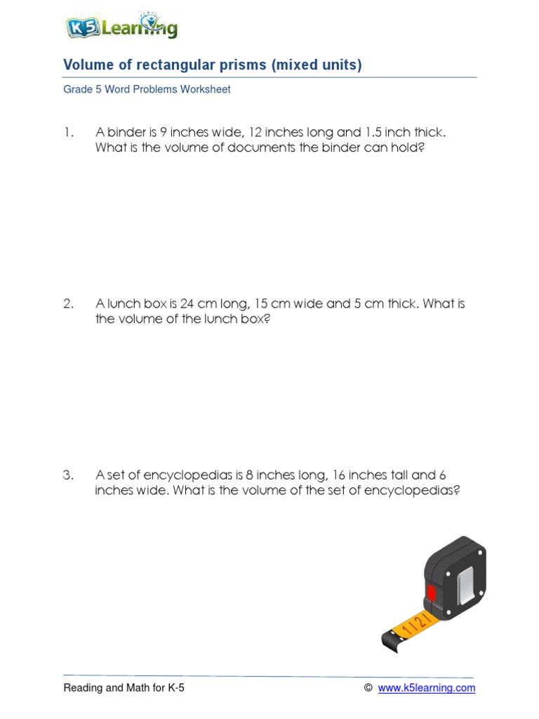 Grade 5 Volume Word Problems Worksheet | PDF