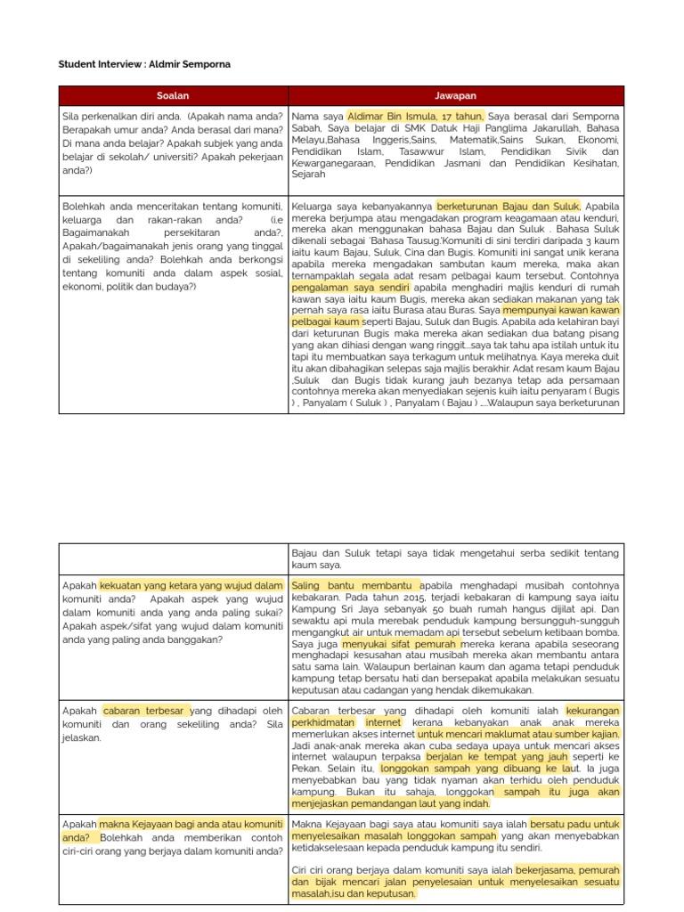 Student Interview - Aldimar, Semporna | PDF