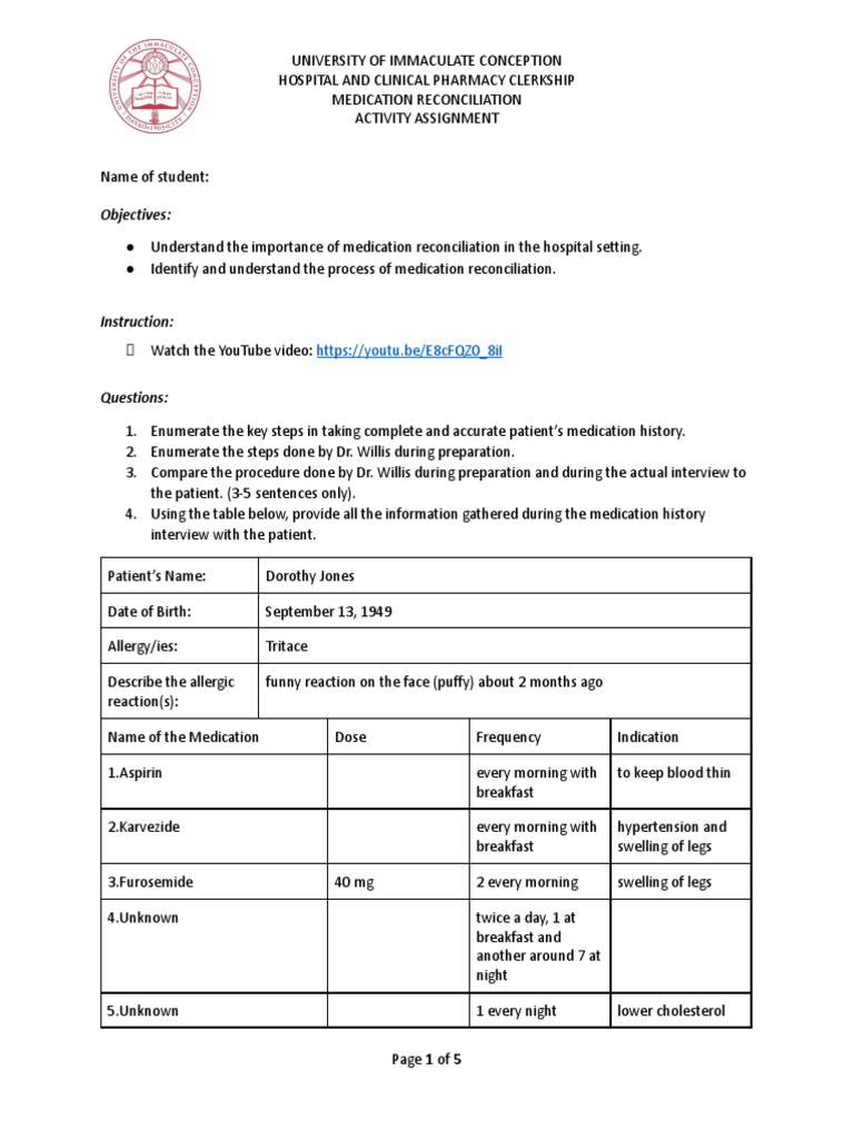 ANA P. BACANI - Activity Assignment 1 Medication Reconciliation | PDF ...