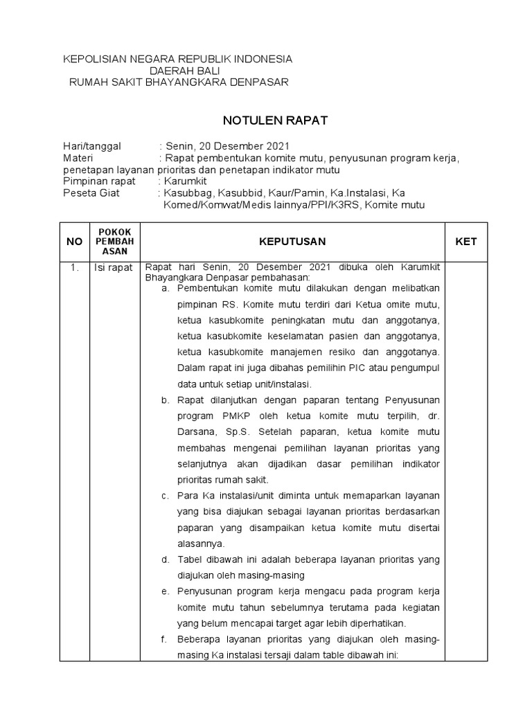 Notulen Rapat Komite Mutu Awal Fix | PDF