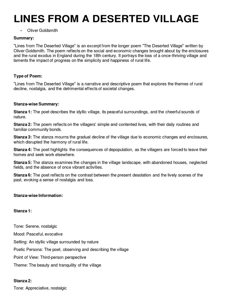 Lines From the Deserted Village NOTES | PDF | Poetry
