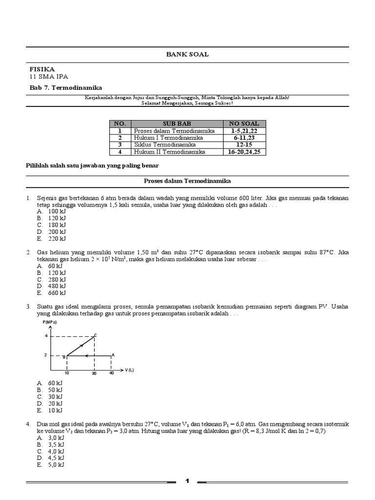 Bank Soal FISIKA - 11 SMA IPA_Bab 7. Termodinamika [LEVEL 1] (layout) | PDF