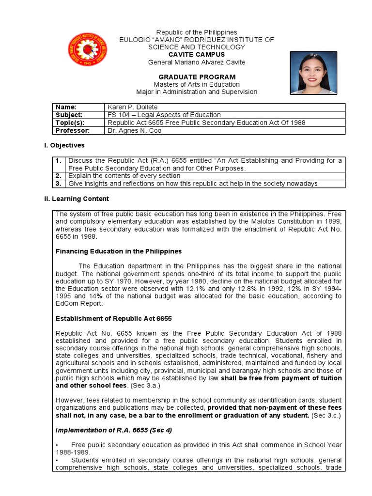 DOLLETE KAREN P. - Republic Act 6655 Free Public Secondary Education ...