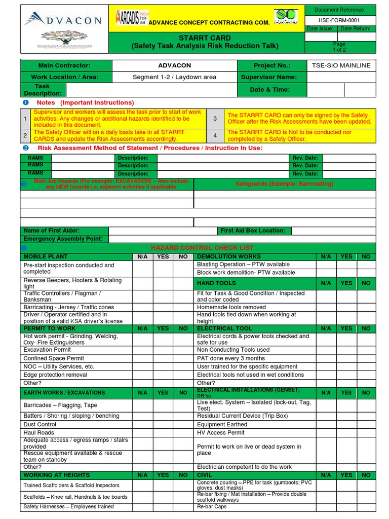 STARRT Card | PDF | Crane (Machine) | Personal Protective Equipment