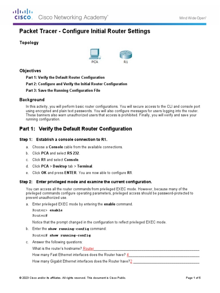 6.4.1.3 Packet Tracer - Configure Initial Router Settings | PDF 6.4.1.3 Packet Tracer - Configure Initial Router Settings | PDF