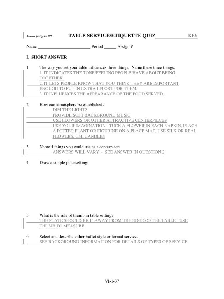 Table Service Quiz Key | PDF