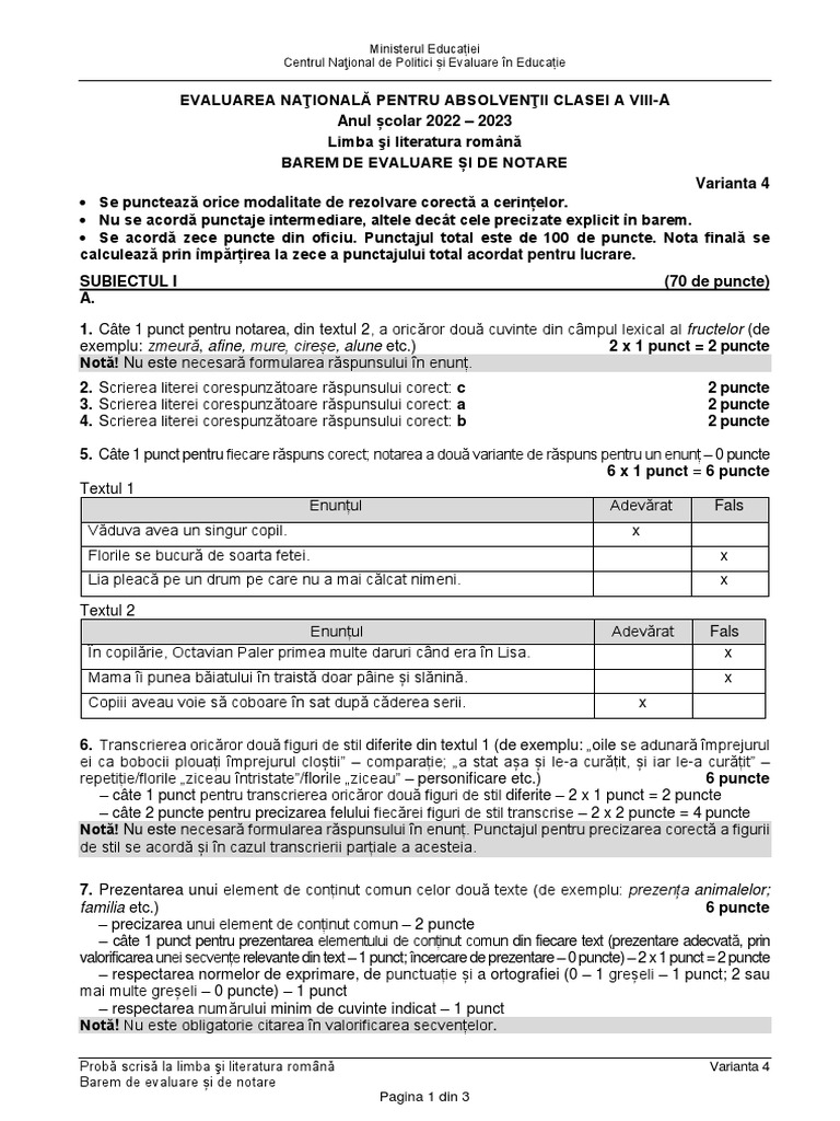 En VIII 2023 Limba Si Literatura Romana Bar 04 | PDF