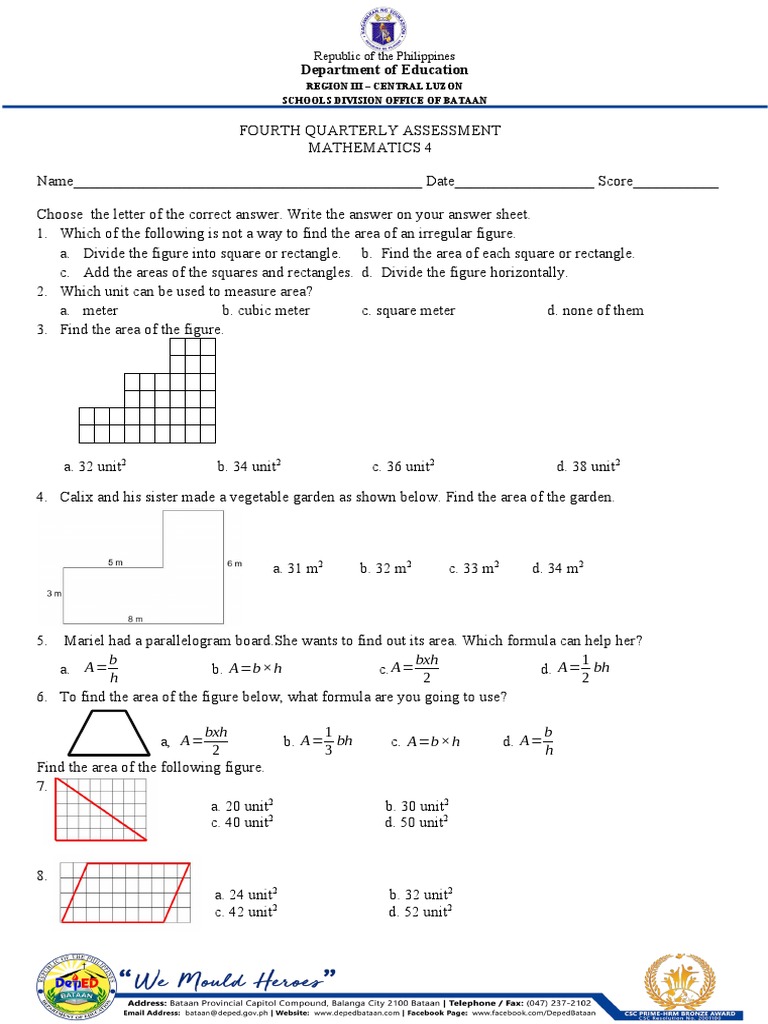Grade 4-4TH Qtr-Assessment | PDF | Area | Volume