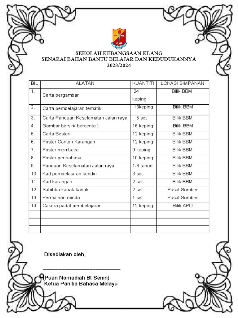 Senarai Bahan Bantu Belajar Dan Kedudukannya | PDF