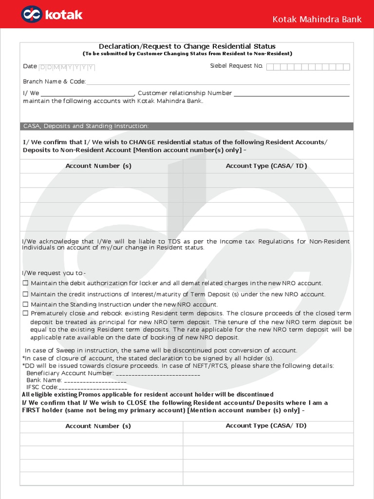 Kotak Mahindra Bank: Declaration/Request To Change Residential Status | PDF | Banks | Deposit ...