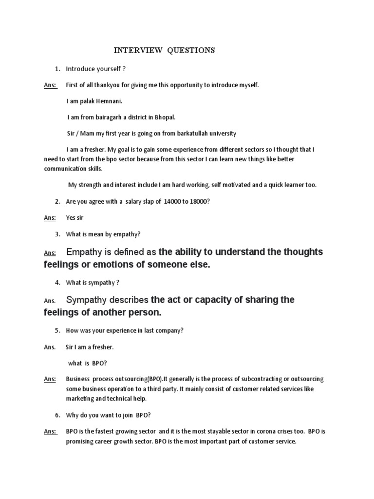 Interview Questions | Download Free PDF | Outsourcing | Sympathy Interview Questions | Download Free PDF | Outsourcing | Sympathy