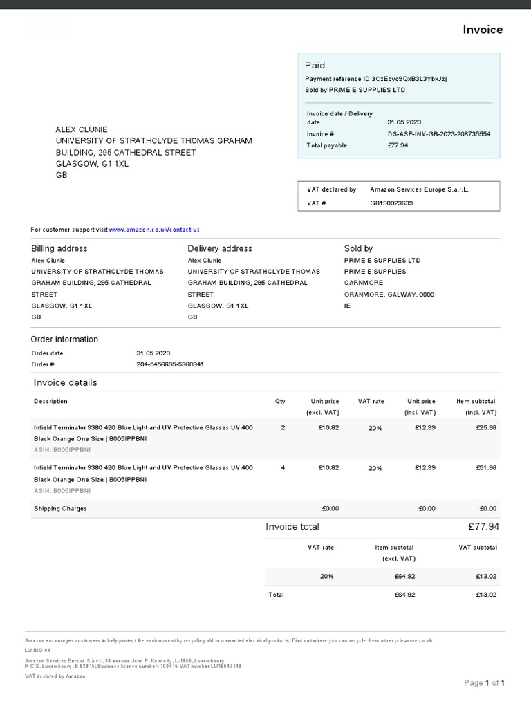 Invoice UV Glasses | PDF | Invoice | Value Added Tax