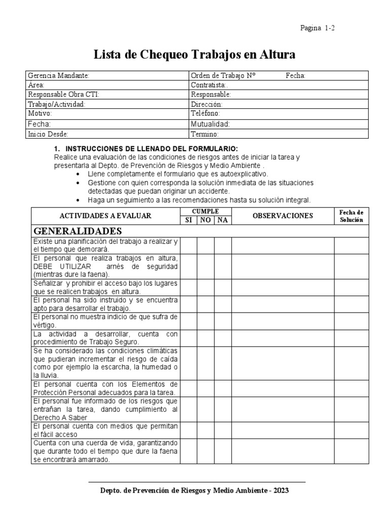 Lista de Chequeo para Trabajos en Altura | PDF | Negocios