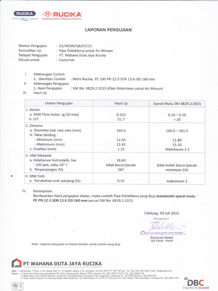 Mill Certificate HDPE PN 12.5 Dia. 160 & 315 MM | PDF