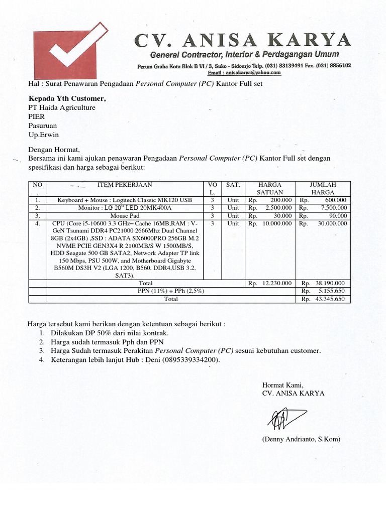 Penawaran Pengadaan Personal Computer CV. Anisa Karya (Spek High) | PDF ...