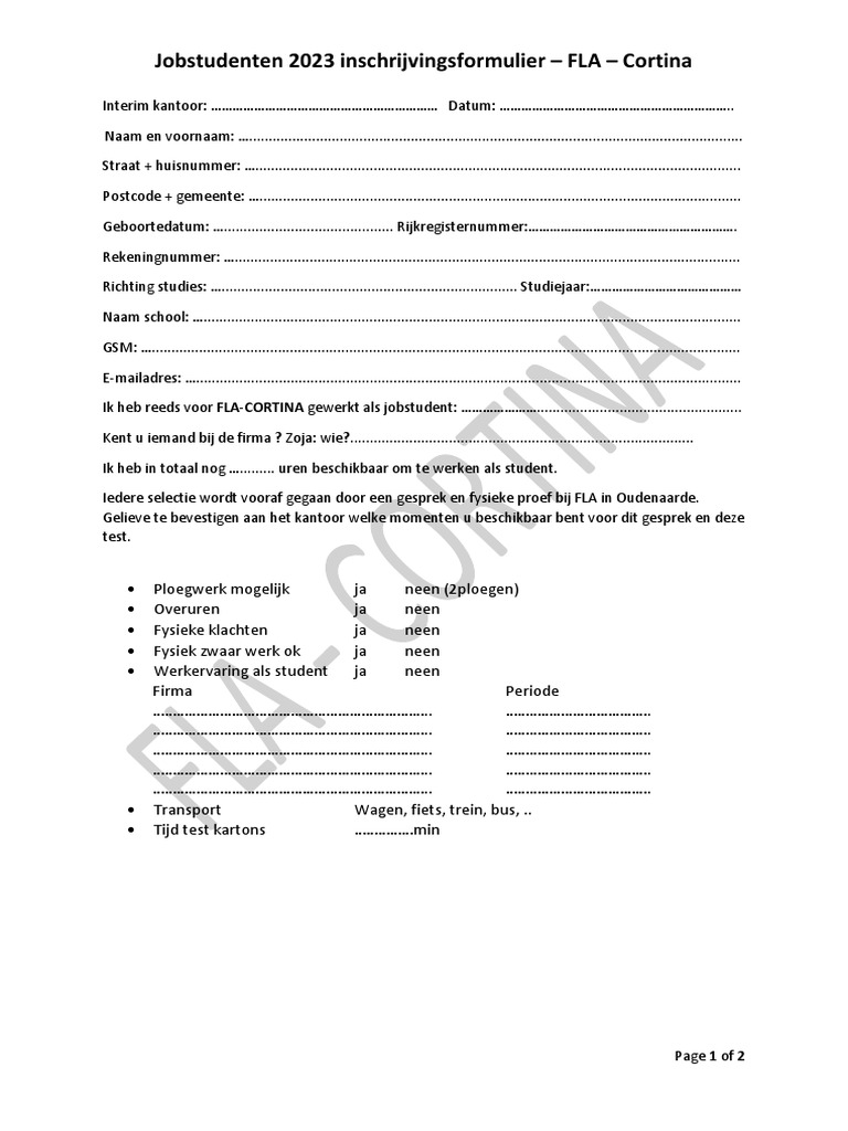 Jobstudenten 2023 inschrijvingsformulier | PDF