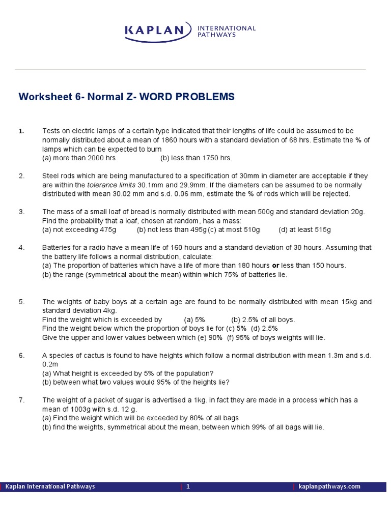 FC301 - Revision WORKSHEET 9 - Normal Z | PDF | Standard Deviation ...