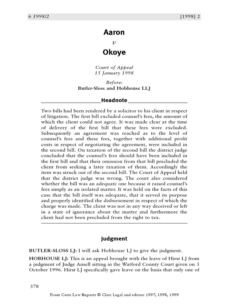 Aaron V Okoye (1998) - 2-Costs-L.R.-6 | PDF | Costs In English Law ...