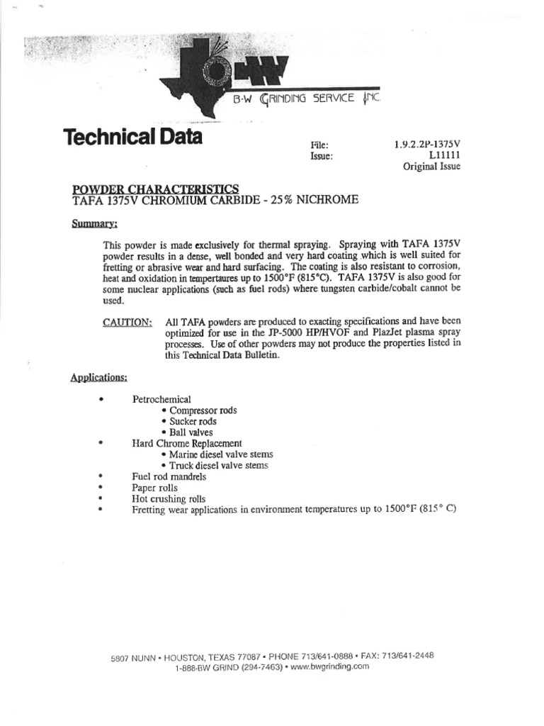 Hvof Chrome Carbide Coating Specifications B&W Grinding | PDF