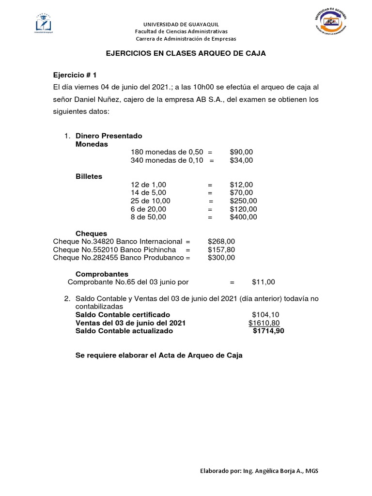 Ejercicios de Arqueo de Caja | PDF