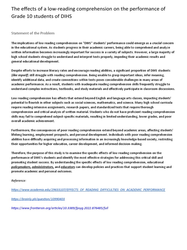 The Effects of A Low Reading Comprehension On The Performance of Grade ...