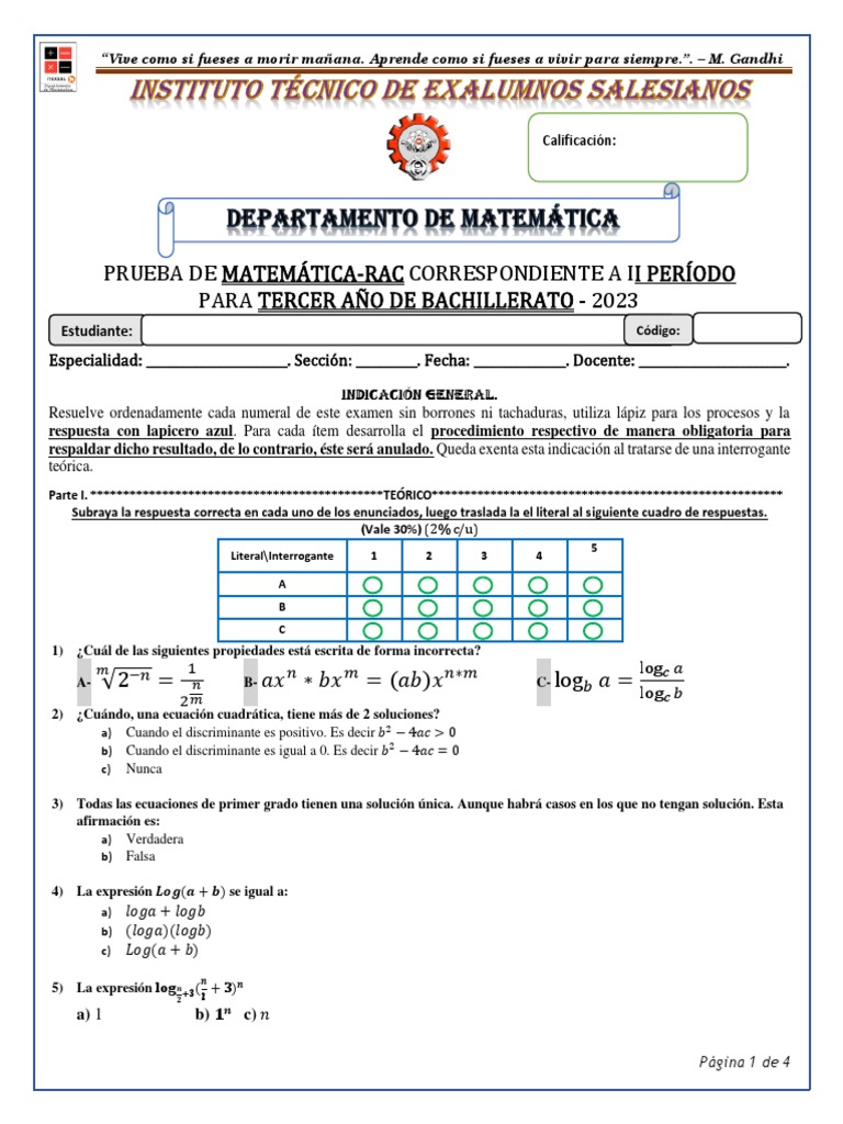 Ex. Matemática RAC II Período | Descargar gratis PDF | Ecuaciones | Matemáticas