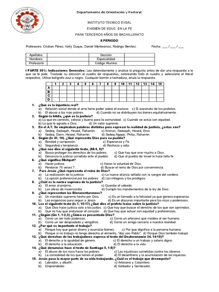 Examen de Educ en La Fe-II Periodo-3eros Años-Bach | PDF | Justicia | Crimen y violencia