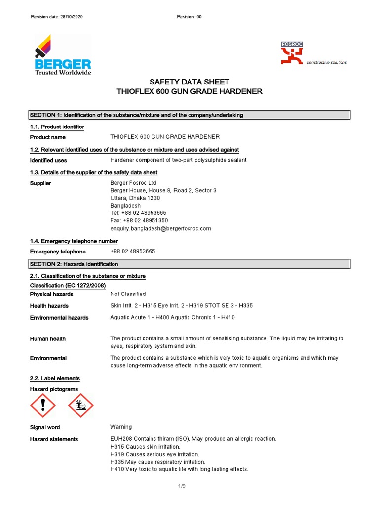 Sds Thioflex 600 BFL | PDF | Dangerous Goods | Toxicity