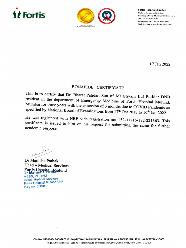 Bonafide Crtificate DNB Completion | PDF