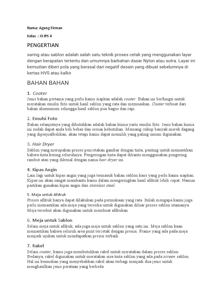 XI IPS 4 Teknik Sablon | PDF