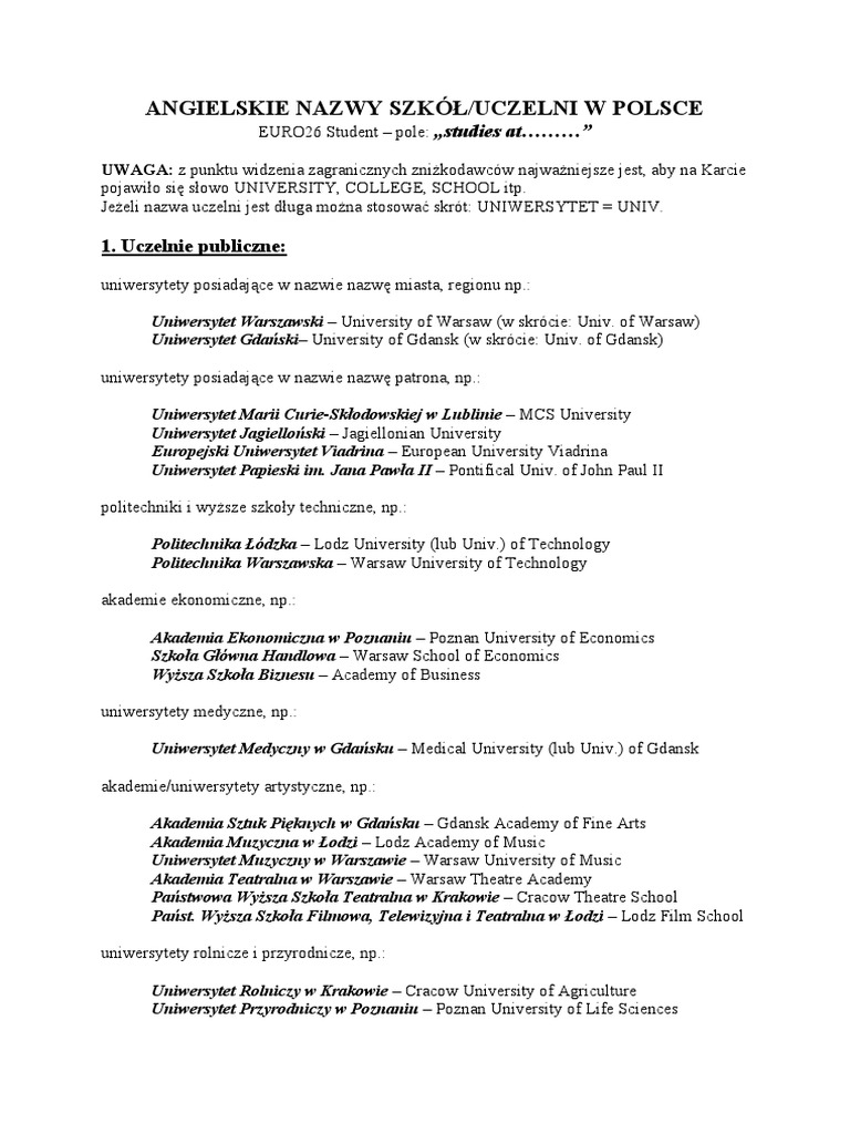 Angielskie Nazwy Uczelni | PDF