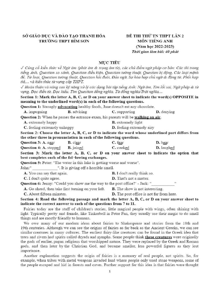 Đề thi thử THPT Quốc gia năm 2023 môn tiếng Anh - THPT Bỉm Sơn - Thanh Hoá | PDF